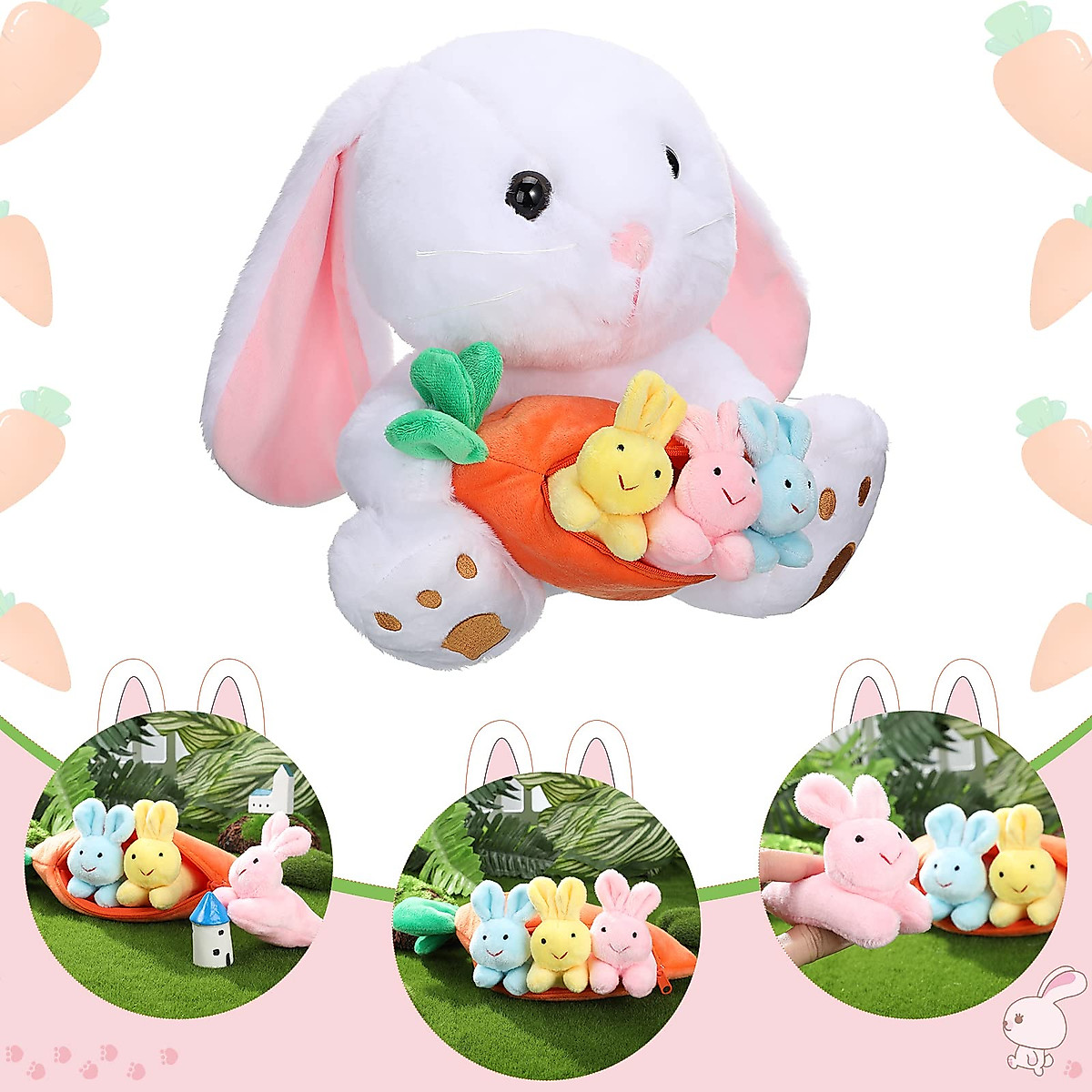 Easter Bunny Stuffed Animals with 3 Bunnies in a Carrot Rabbit Decor 10 Inches Easter Rabbit Plush Soft Cute Bunny Plush Toys Desktop Decoration for Boys and Girls Holiday Birthday Gift(Bunny)