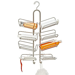 mDesign Hanging Metal Shower Caddy - Bottle Organizer Shelf with Hooks for Shower, Bath - Hanging Shower Caddy Rack for Shampoo, Conditioner - Shower Hanging Organizer - Concerto Collection - Satin
