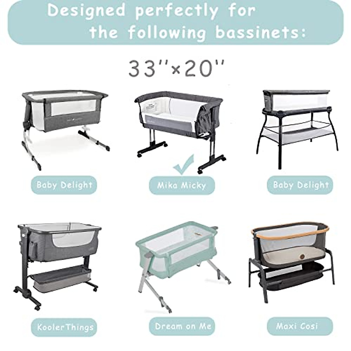 MEILA Bassinet Sheets Compatible with Mika Micky Bedside Sleeper, Mini Crib Sheets for Boy Girl, 100% Jersey Cotton Bassinet Matress Sheet, Ultra Soft, Pack of 2（33"×20"）