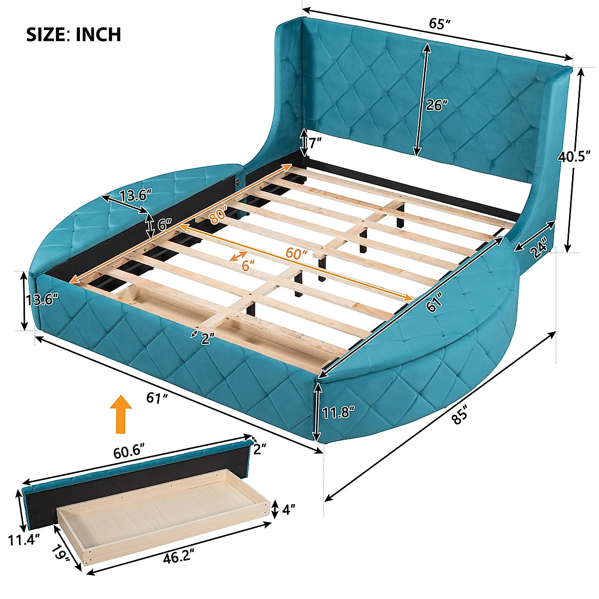 Velvet Queen Storage Bed Frame, Deluxe Upholstered Platform Bed with Wingback Headboard and 1 Big Drawer, 2 Side Storage Stool, No Box Spring Needed/ Easy Assembly (Queen Size, Blue)