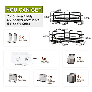 ENIBOE Corner Shower Caddy with 6 Hooks, Self Adhesive Shower Shelves, No Drill Wall Mount Rustproof Shower Organizer, Shower Storage for inside Shower, Large Capacity Shower Rack, 2 Pack (Black)