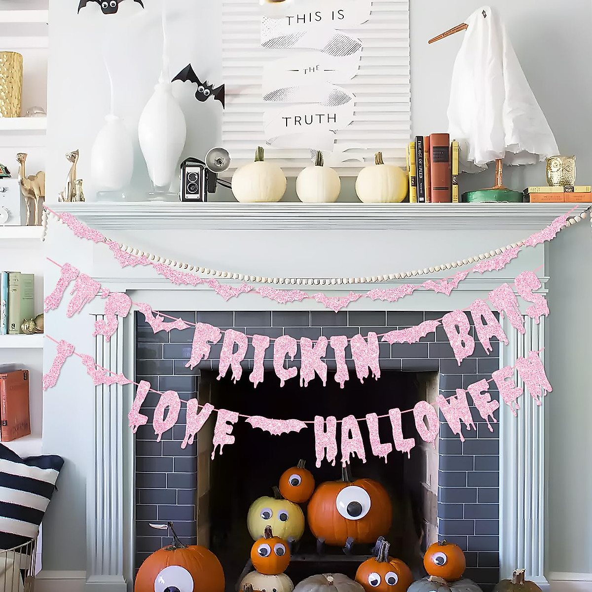 Pink Halloween Decorations It's Frickin Bats I Love Banner Halloween Bats Hanging Garland Bunting Halloween Fireplace Mantle Glitter Pink Bats for Pink Halloween Party Decorations
