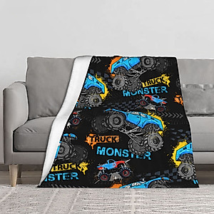 Monster Cartoon Truck Throw Blanket Car Gift for Boys Kids Bedding Room Decor Flannel Blankets Microfiber Soft Warm for Couch Sofa Bed Livingroom Beach Travel 50"x40"