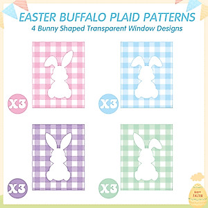 12 Pcs Easter Gift Bags with Handle Rabbit Shape Paper Bags with Window 9x7x4" Bunny Easter Treat Bags Buffalo Plaid Green Blue Purple Pink Goodie Bags Candy Bag for Kids Easter Party Gift Wrapping