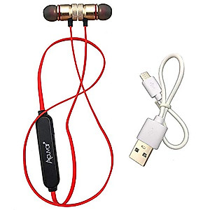 Acuvar Wireless Magnetic Rechargeable Ear Buds, in line mic, Volume, Play/Pause Controls (Gold/Red)