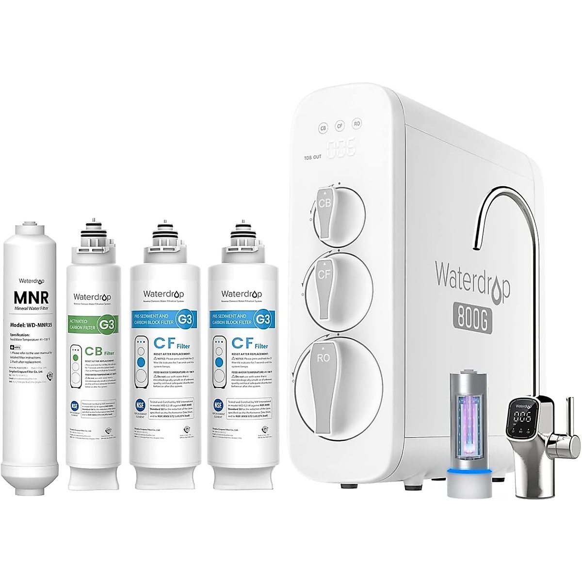 Waterdrop G3P800 Reverse Osmosis System with WD-MNR35 Mineral Filter and WD-G3-2CFCB Filter, 800 GPD Fast Flow, NSF/ANSI 42 & 58 & 372 Certified, 3:1 Pure to Drain