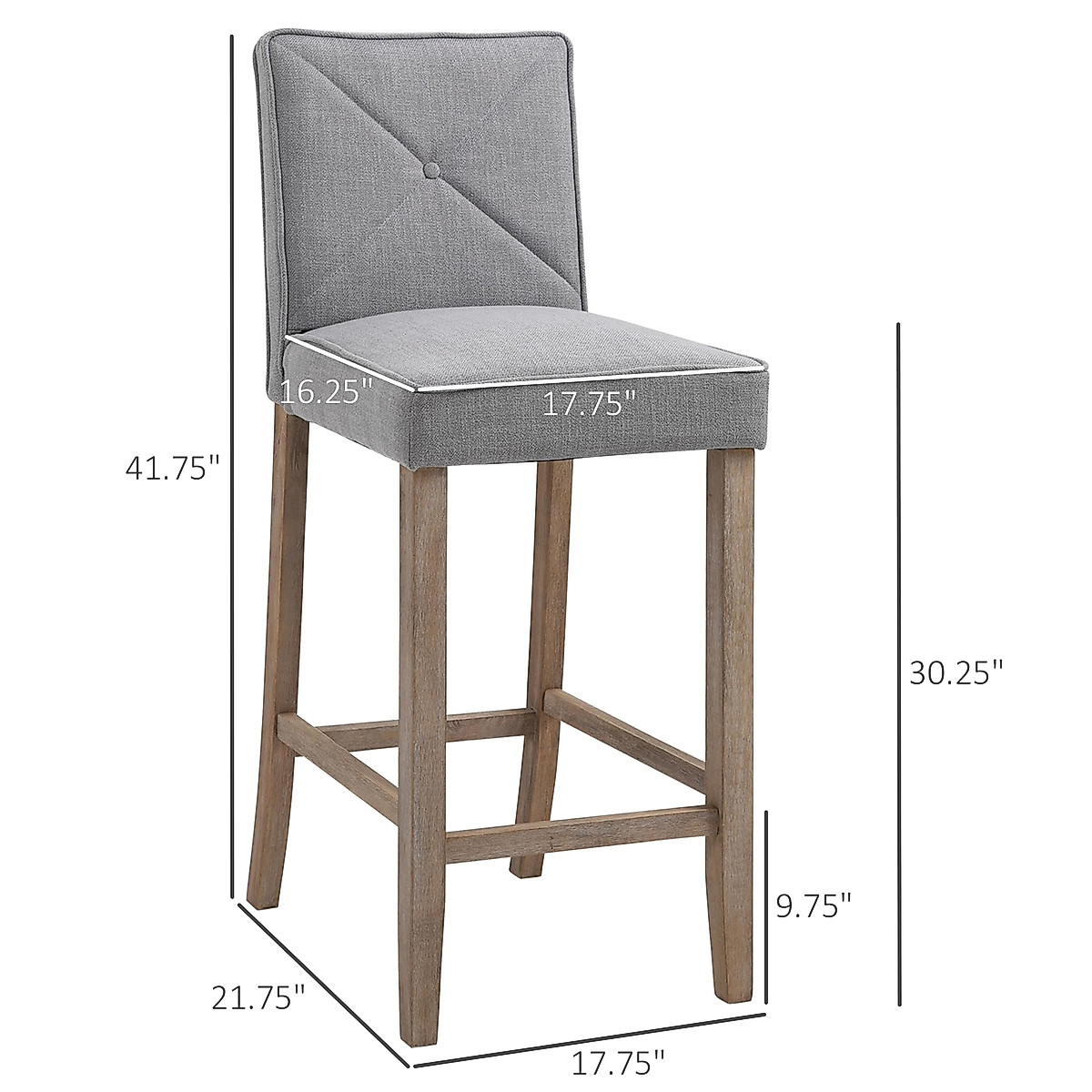 HOMCOM Modern Bar Stools Set of 2, Upholstered Bar Height Kitchen Stools with Build-in Footrest, Solid Wood Legs, Gray