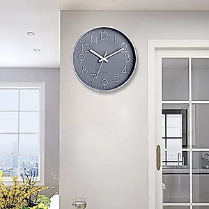 Hacaroa 12 Inch Silent Non-Ticking Wall Clock, Decorative Modern Clock Battery Operated, Round Clock Glass Cover Sweep Movement for Living Room, Office, School, Gray