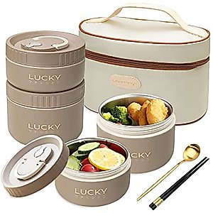 GTGR Portable Thermal Bento Lunch Box for Food 4 Separate Stackable Lunch Box with Bag & Utensils Microwave Safe 18/8 Stainless Steel Lunch Container for Adult (Khaki 68oz)