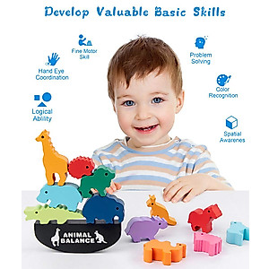 HWD Wooden Stacking Blocks Balancing Games, Animals Bricks Equilibrium Puzzles Toys, Preschool Early Educational Parent-Child Interaction Sorting Games for Toddler, Kids, Children (Dinosaur)