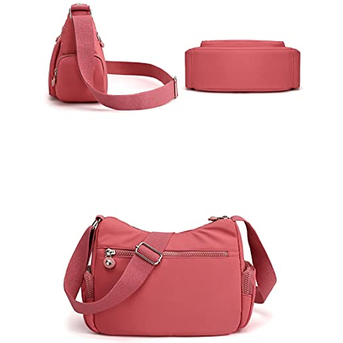 YaJaMa Multi Zipper Women Crossbody Bag Large Capacity Nylon Travel Shoulder Messenger Bag Handbag Satchel (Pink)