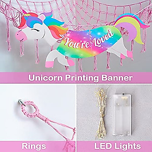 FIOBEE Stuffed Animal Net or Hammock with LED Light, Toy Hammock Net with Banner Stuffed Animal Storage Organizer Hanging Kids Room Wall Decor for Nursery Playroom Bedroom, Unicorn