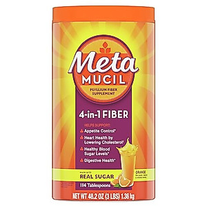 Metamucil 4-in-1 Fiber Supplement for Digestive Health, Psyllium Husk Fiber Powder, Fiber Supplement with Real Sugar, Orange Flavored, 114 tablespoons