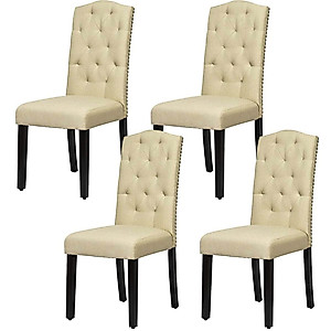 ERGOMASTER Dining Chairs Set of 4 Adjustable Parsons Chairs Anti-Slip Foot Dining-Chair Fabric Kitchen Chair with Solid Wood Legs - Beige