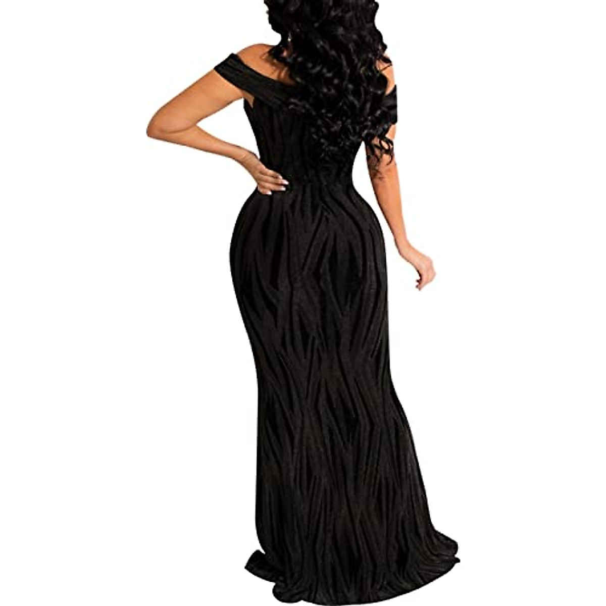 MAYFASEY Women's Sexy Off The Shoulder V Neck High Split Cocktail Party Long Formal Dress Floor Length Evening Gown Black L