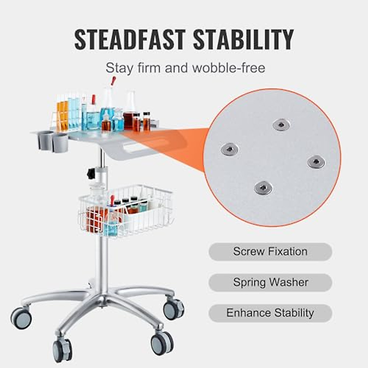 VEVOR Medical Cart, Salon Cart with Wheels, Mobile Trolley Cart 26.77"-42.91" Height Adjustable, Metal Salon Stations for Hair Stylist, Rolling Desktop Lab Cart for Clinic, Beauty and Salon