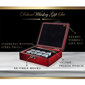 Gift Set of 8 Whiskey Chilling Stones [Chill Rocks] - in Premium Wooden Gift Box with Stainless Steel Tongs and Velvet Carrying Pouch - Made of Pure Soapstone - by Quiseen