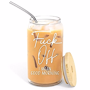 16 oz Iced Coffee Cup with Bamboo Lids and Straws | Mason Jar Cups & Iced Coffee Tumbler with Lid and Straw | Glass Cups for Iced Coffee, Boba Cup | Beer Can Glass & Smoothie Cup - Good Morning
