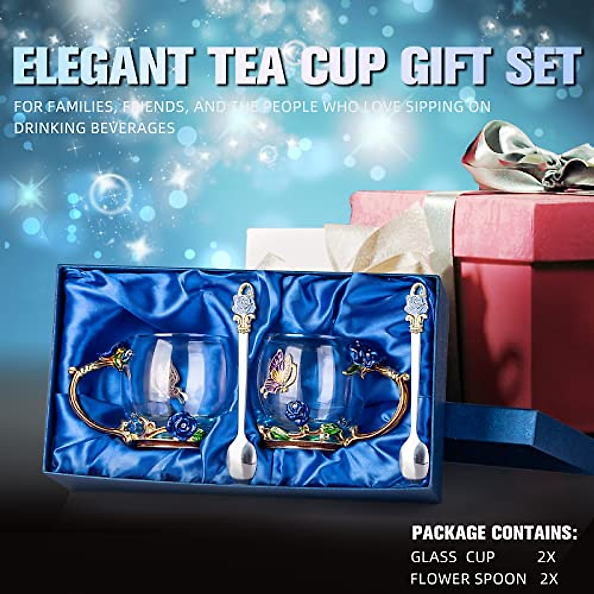 SHEEYEE Glass Coffee Mugs with Spoon, Enamel Butterfly Rose Flower Tea Cups with Decorative Handle Tea Sets for Women Gift 11 oz.(2 Sets)