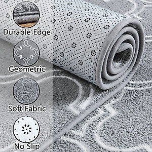 Chicrug Shag Geometric Modern Area Rug for Bedroom, 4x6 Feet Memory Foam Indoor Carpet, Fluffy Rug for Living Room Bedside Room Decor for Family Girls Kids Nursery Play Mat, Grey/White