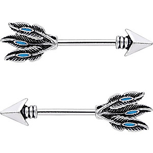 Body Candy Steel Blue Fly Away Feathered Arrow Barbell Nipple Ring Set of 2 14 Gauge 9/16"