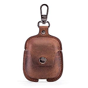 Jkhome Genuine Leather AirPods Case Vintage Portable Protective Cover for AirPods 2 1 with Keychain (Brown)