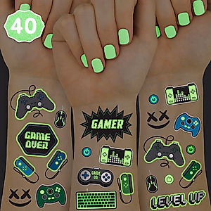 xo, Fetti Video Game Party Supplies Temporary Tattoos - 40 Glow in the Dark Styles | Videogame Birthday Favors, Decorations, Controller, Computer Keyboard, Gamer, Arcade