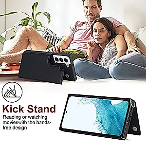 DEFBSC Compatible with Samsung Galaxy S21 FE Case, Crossbody Wallet Case, Adjustable Detachable Lanyard Neck Strap with Kickstand Leather Card Holder Protective Cover-Black