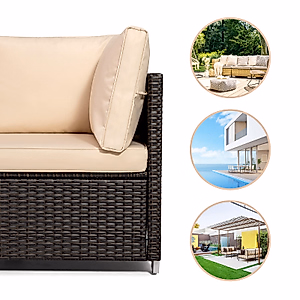 Patio Furniture 6 Pieces Set, Outdoor Furniture PE Rattan Wicker Outdoor Couch, Patio Conversation Sets One Box Package with Glass Table and Cushion, Brown