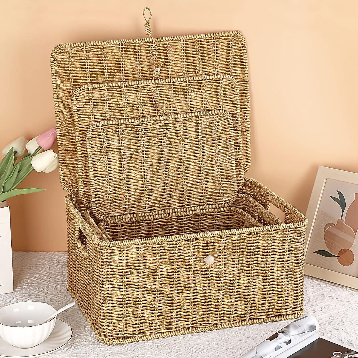 Hipiw Resin Woven Baskets Bin with Lid & Handle - Set of 3 Rectangular Shelf Baskets Multipurpose Storage Basket Boxes Home Decorative Container for Closet Shelf Organizing, Large Size