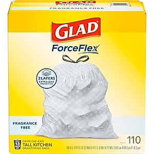 Glad ForceFlex Drawstring Trash Bags, 13 Gal, Fragrance Free, 110 Ct, Pack May Vary