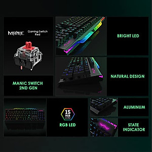 WIZMAX, MK1 PC Gaming Keyboard, USB Wired RGB Mechanical Gaming Keyboard, High-End Aluminum Backplate, Multimedia Function Keys, Red Linear 2nd Gen Manic Switch for Windows PC Gamers [Black]