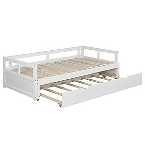 Extendable Daybed with Trundle Beds, Wood Daybed Frame with Pull Out Trundle, Twin to King Design Extending Daybed for Kids Girls Boys Teens Adults, No Box Spring Required, White