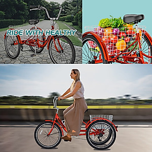 MOPHOTO Adult Tricycles Three Wheel Cruiser Bike 7 Speed, Adult Trikes 24/26 inch Wheels Low Step-Through, Three-Wheeled Bicycles for Women, Men, Seniors