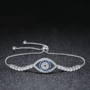 BISAER 925 Sterling Silver Blue Evil Eye Bracelet with Cubic Zirconia Adjustable Chain Bracelets for Women