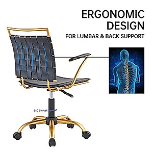 CAROCC Modern Leather Desk Chiar Gold and Black Office Chair Cute Desk Chiar Mid Back Conference Chairs with Wheels and Arms Comfortable Computer Swivel Task Chair(Black)