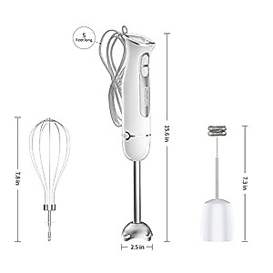 healthomse 3-In-1 Immersion Blender 800W 12-Speed Stainless Steel Hand Blender with Milk Frother, Egg Whisk, BPA-Free Materials for Soup, Smoothie, Baby Food (White)