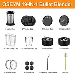 OSEYM 19-in-1 Bullet Blender, Personal Blender for Shakes and Smoothies, 850W Smoothie Blender With 2*20 Oz & 1*10 Oz To-Go Cups, Easy to Clean, BPA-Free (Silver-Black)