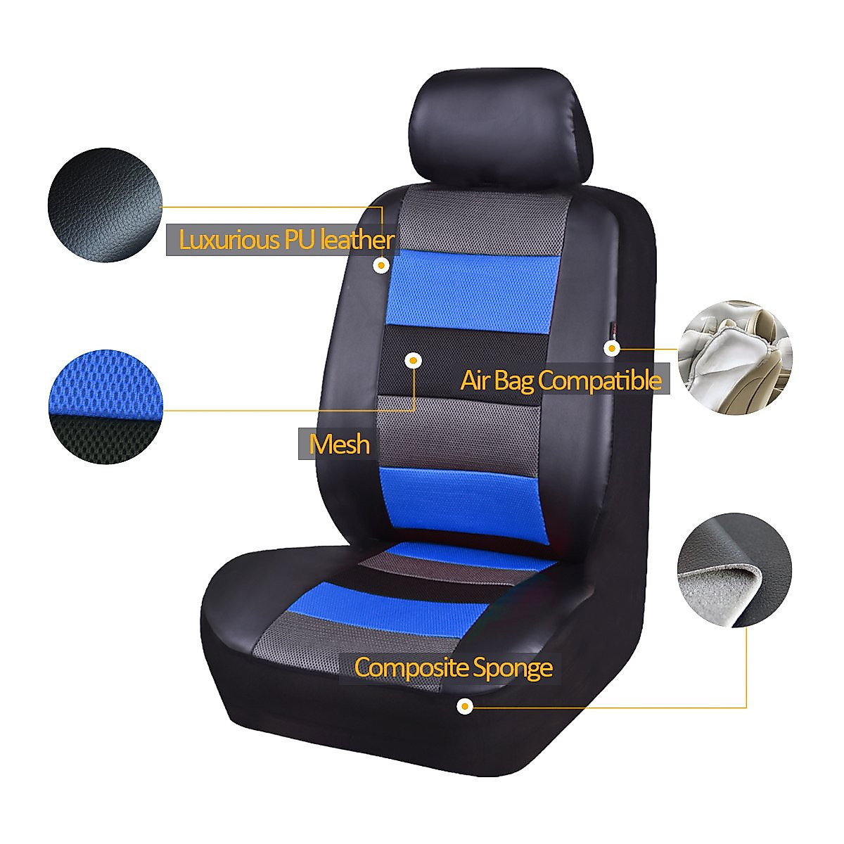 Flying Banner Car Seat Covers Full Set Front Seats and Rear Bench Black Leather and Red Fabric Mesh Cover Breathable Black with Blue Color (Blue)