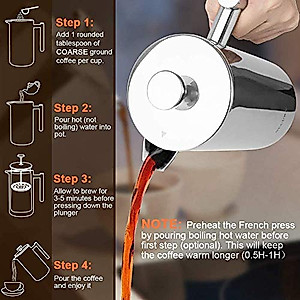 Secura French Press Coffee Maker, 304 Grade Stainless Steel Insulated Coffee Press with 2 Extra Screens, 12oz (0.35 Litre), Silver (SFP-12DS)
