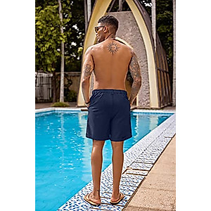 COOFANDY Men’s Linen Flat Front Shorts Casual Classic Fit 7" Summer Beach Shorts with Elastic Waist and Pockets, Navy Blue, XX-Large