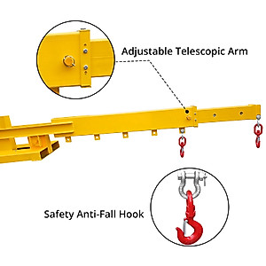 TROPOW Fork Mounted Adjustable Hoist Jib Boom Crane, Adjustable Telescopic Forklift Jib Boom Crane with Two 3 Tons Swivel Hooks, 6000 LBS Lift Capacity Forklift Crane for Warehouse or Factories
