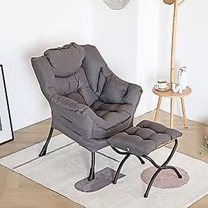 LITA Modern Lazy Chair with Ottoman, Accent Contemporary Lounge Chair Single Leisure Upholstered Sofa Chair Set with Armrests and a Side Pocket, Reading Chair for Living Room & Bedroom, Dark Grey