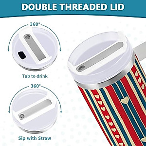 ODAWA Stainless Steel Insulated Tumblers Large with Handle and Straw, Red Blue Stripes Hearts Insulated Travel Tumbler
