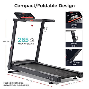 Sunny Health & Fitness Interactive Slim Folding Treadmill with Advanced Brushless Motor, Shock Absorption, Digital Monitor, Free SunnyFit App Bluetooth Connectivity, Optional 12-Level Auto Incline