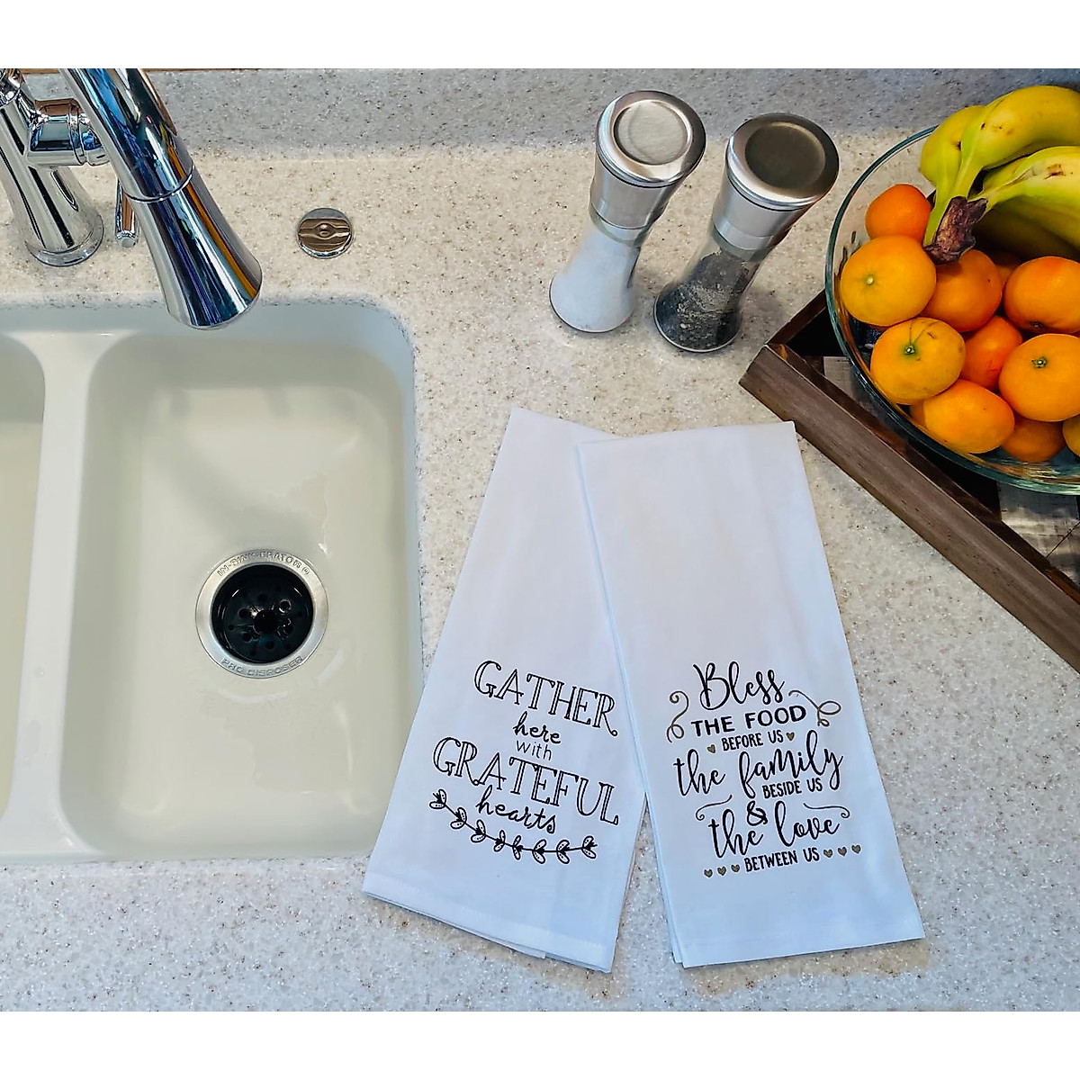 fillURbasket Cute Kitchen Towels Set, Fun Dish Towels with Sayings Faith, Blessed, Family, Love, Home & Dreams Theme, 5 Flour Sack Towels for Dish Drying Decor 16x28 Cotton