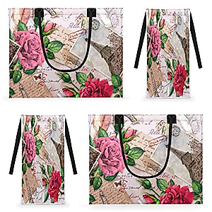 Eiffel Tower Rose Reusable Grocery Shopping Bag with Hard Bottom, Brilliant Paris Large Foldable Multipurpose Heavy Duty Tote with Zipper Pockets, Stands Upright, Durable and Eco Friendly, Beach Bag