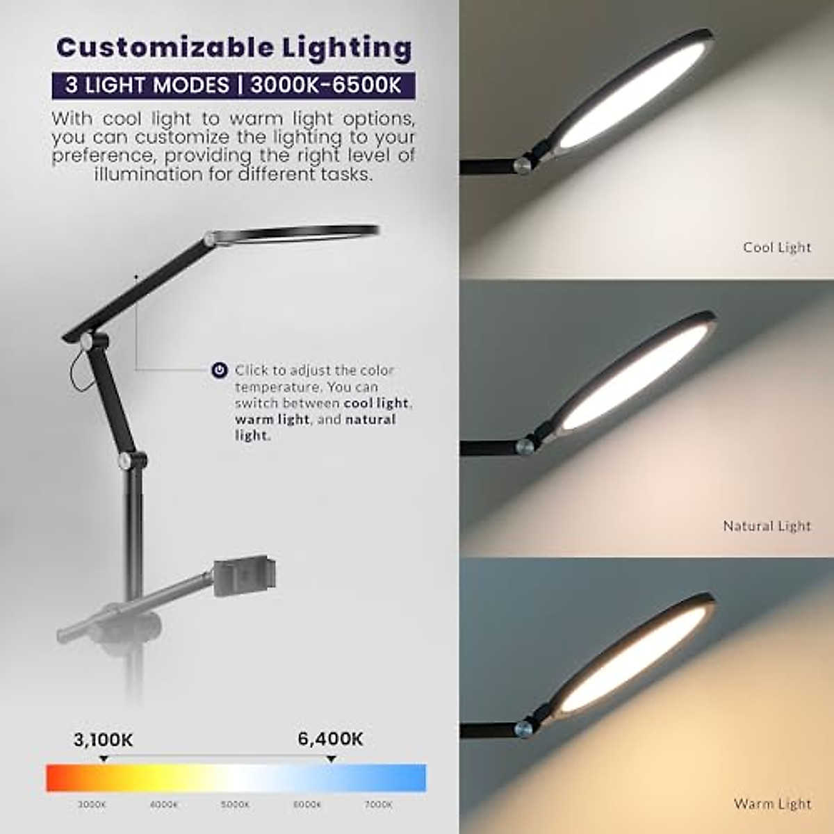 Neatfi Multi-Functional Desk Lamp, Dimmable, 3 Light Modes, 5 Brightness Levels, Zoom/Webcam Light, Touch Controls, USB/Plug Powered, Adjustable Arm (with Phone Holder and Clamp)