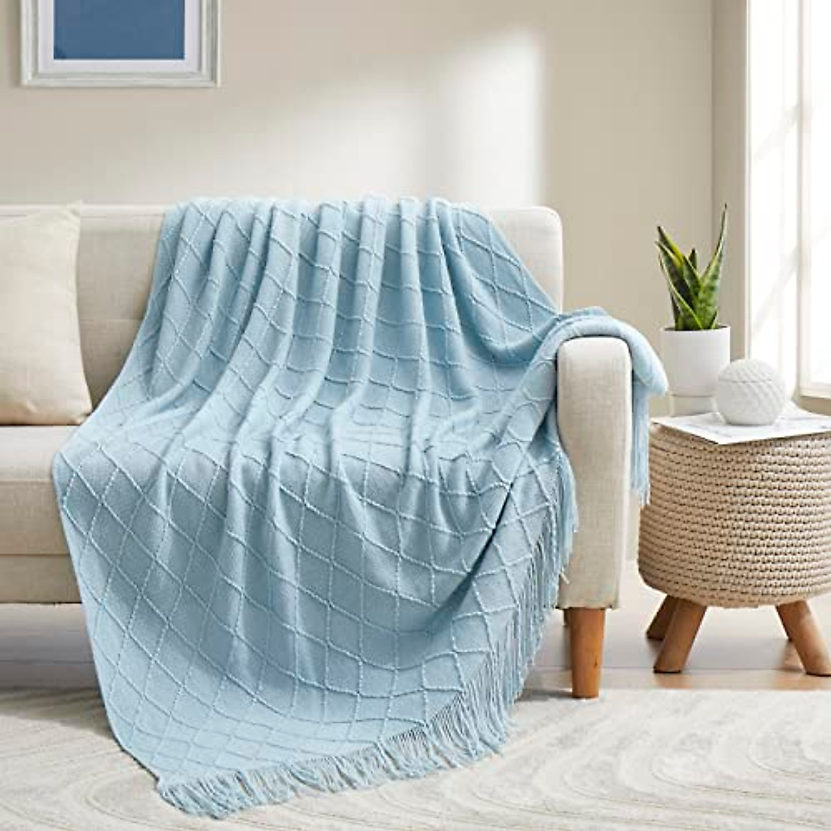Counfeisly Acrylic Knitted Throw Blanket, Lightweight and Soft Cozy Decorative Woven Blanket with Tassels for Couch, Bed, Sofa, Travel, Suitable for All Seasons, 50 x 60 Inches, Blue
