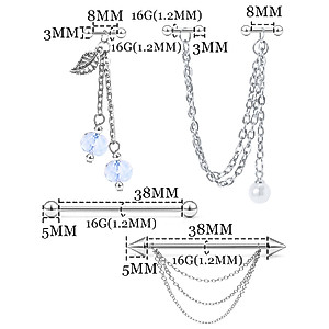 Uzgtvy 16G Industrial Earrings Bar Barbells Piercing Jewelry 316L Stainless Surgical Steel Silver Dangle Industrial Ear Earring Rings Chain Cartilage Helix Industrial Piercing Jewelry 38mm Women Men